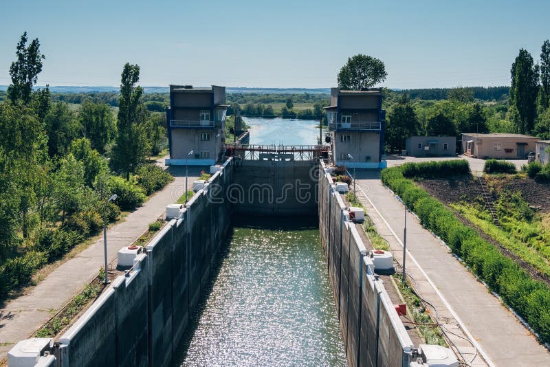 Gateway Lock Sluice Construction on River Dam for Passing Ships and ...