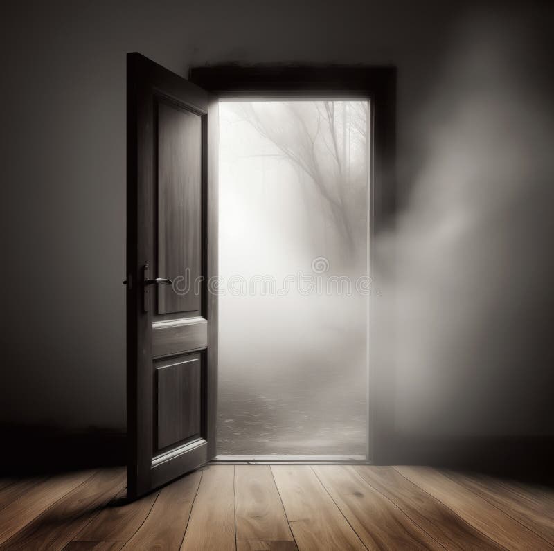 A Gateway To the Unknown. an Open Door into Mysterious Misty Forest ...