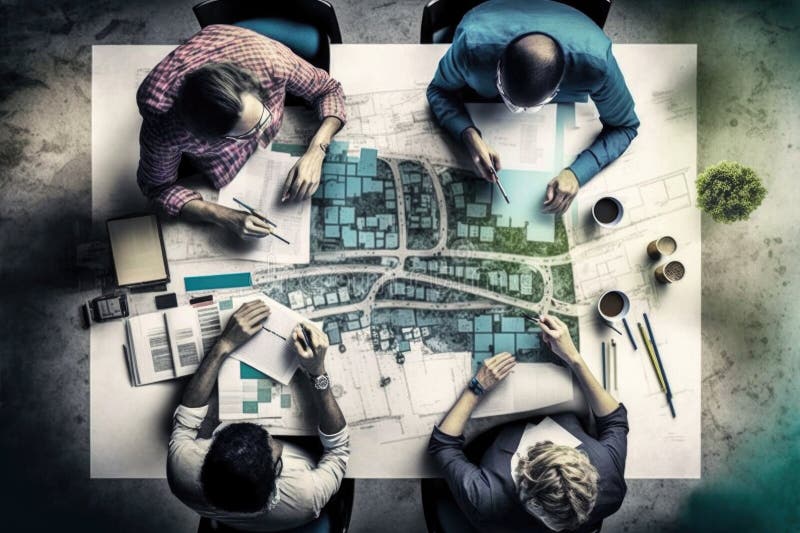 Architects Working on Blueprint at Office Table, Architectural Project ...