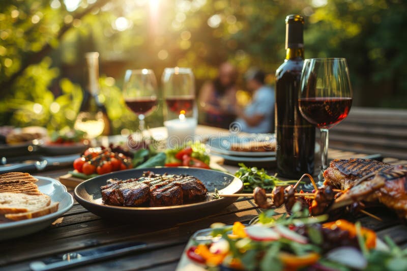 Gathering Around the Backyard BBQ Dinner Table and Wine Stock ...