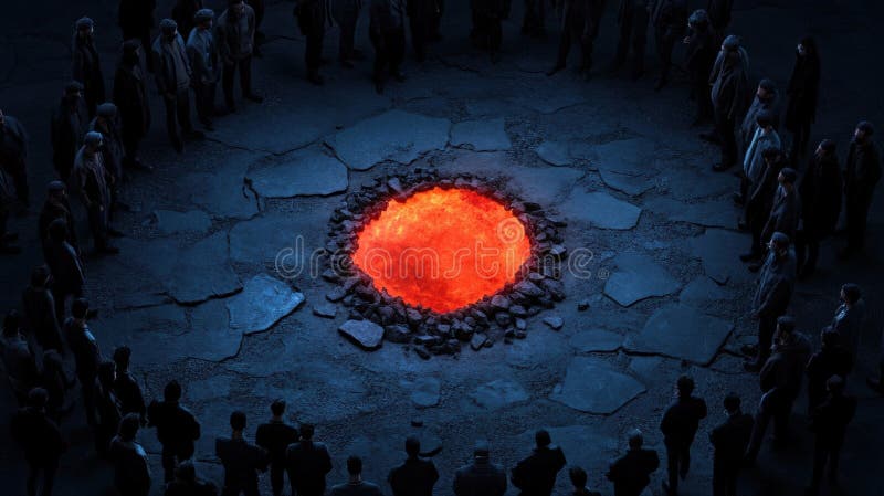 Gathering Around a Glowing Molten Lava Pit in a Dramatic Dark ...