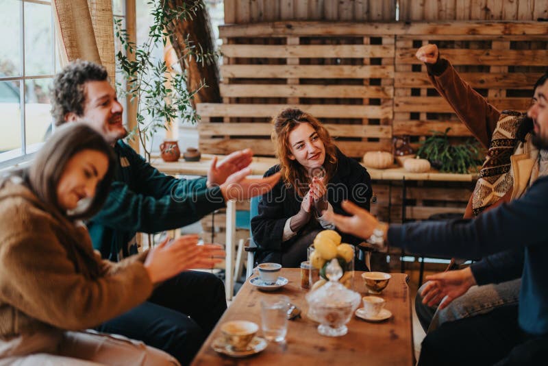Group Friends Enjoying Coffee Conversation Cozy Rustic Cafe Stock ...