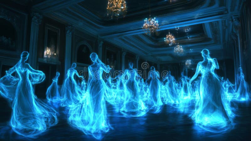 A Gathering of Ethereal Figures Dancing in a Grand Hall Stock ...