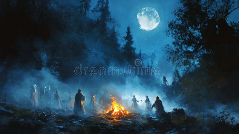 A Gathering of Figures Around a Fire Under a Full Moon in a Misty ...