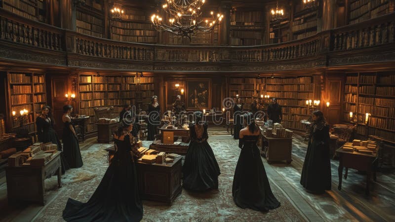 A Gathering of Figures in a Grand, Ornate Library Stock Illustration ...