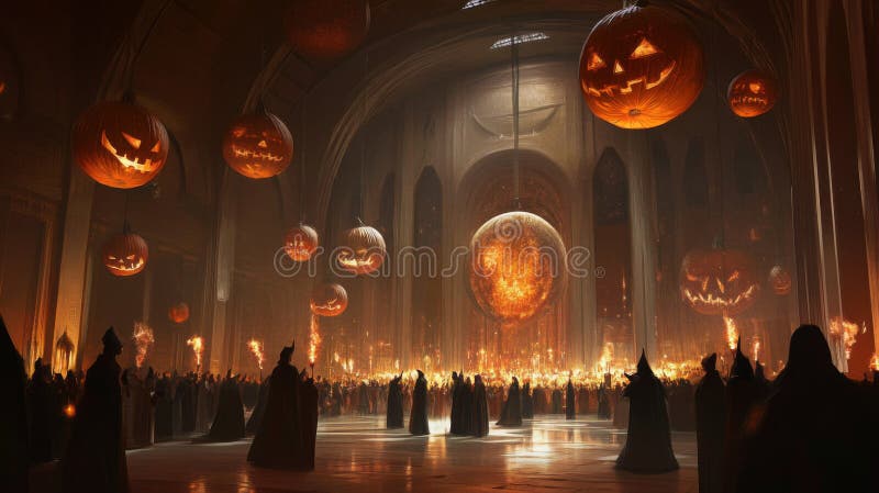 A Gathering of Figures in a Hall Adorned with Jack-o -Lanterns and a ...