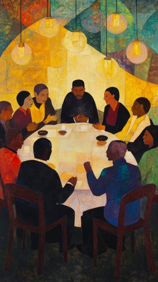 Gathering of Friends at a Table with Drinks in a Colorful Setting ...