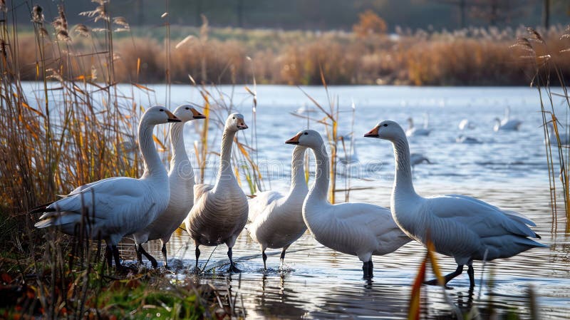 A Gathering of Geese by the Water Stock Illustration - Illustration of ...