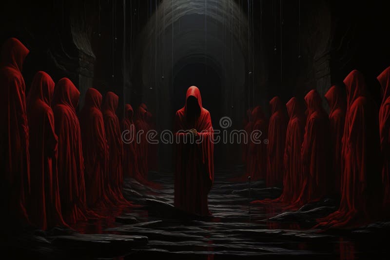 Gathering of Hooded Red Figures in a Dark Room. AI Stock Illustration ...