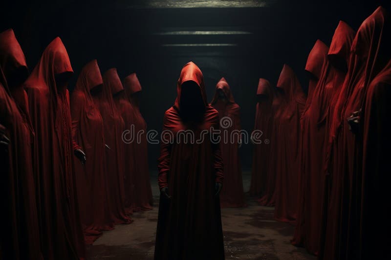 Gathering of Hooded Red Figures in a Dark Room. AI Stock Illustration ...