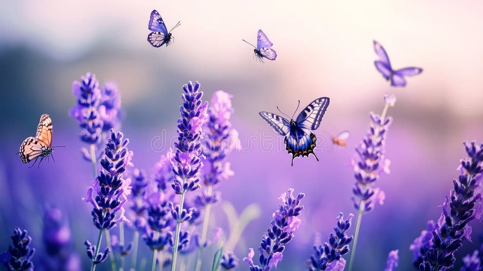 Gathering Nectar from Blooming Lavender Fields at Sunset is a Common ...