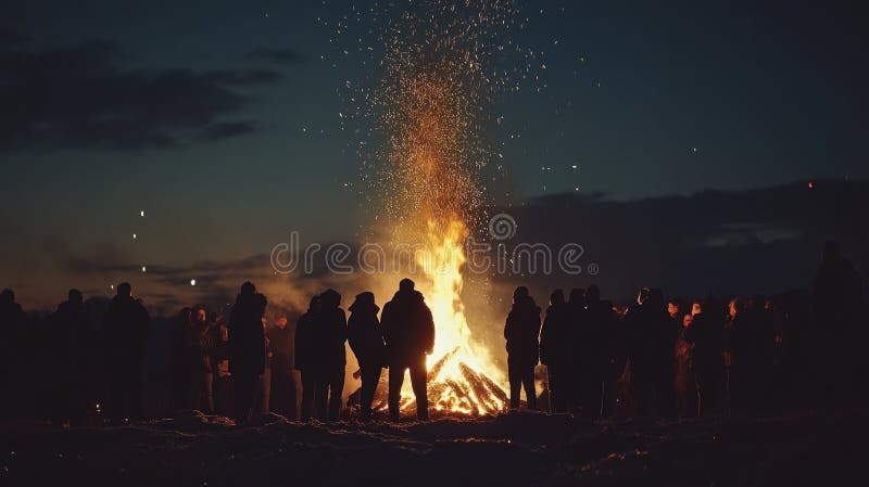 Crowd of People Celebrating Around a Large Bonfire at Night Stock ...
