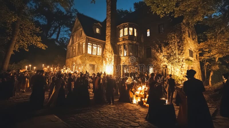 A Gathering of People in Black Attire Outside a Stone Mansion at Night ...