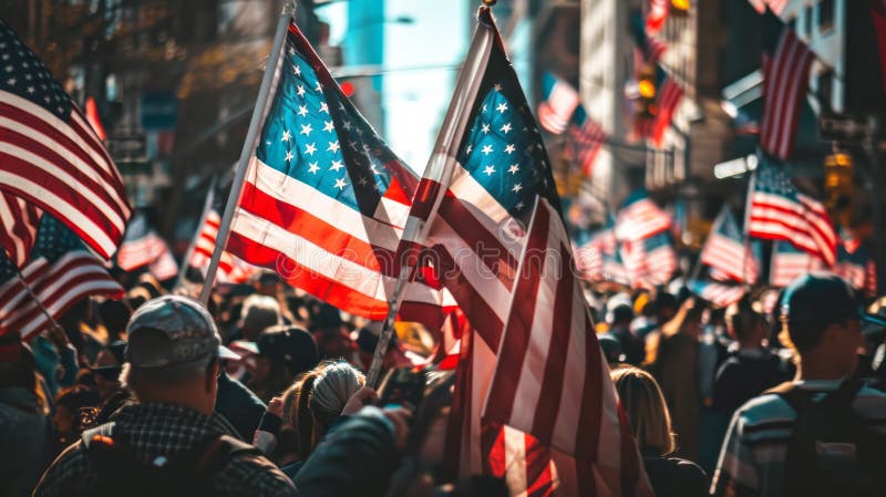 A Gathering of People Celebrating with American Flags Stock Image ...