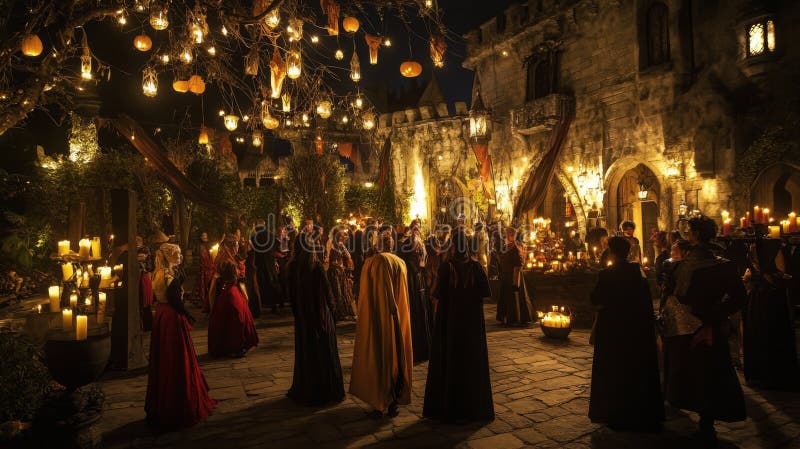 A Gathering of People in a Medieval Courtyard Lit by Lanterns and ...
