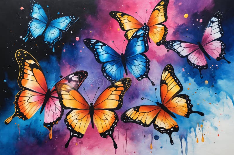Gathering of Vivacious Butterflies in the Void of Black. Stock Photo ...