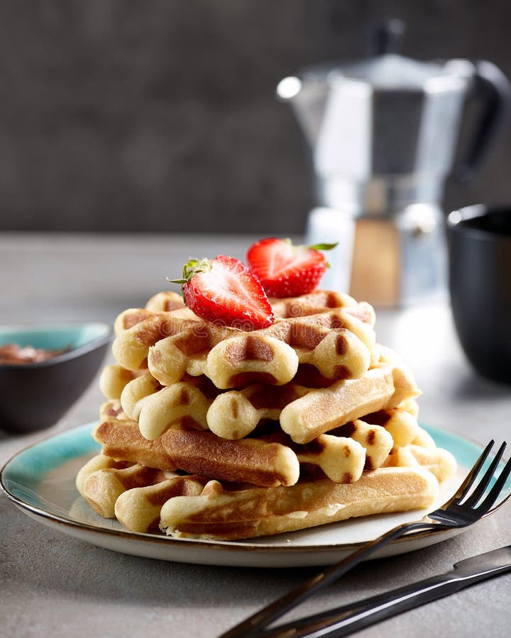 Plat Des Gaufres Belges Avec De La Glace Et La Sauce Au Caramel De ...