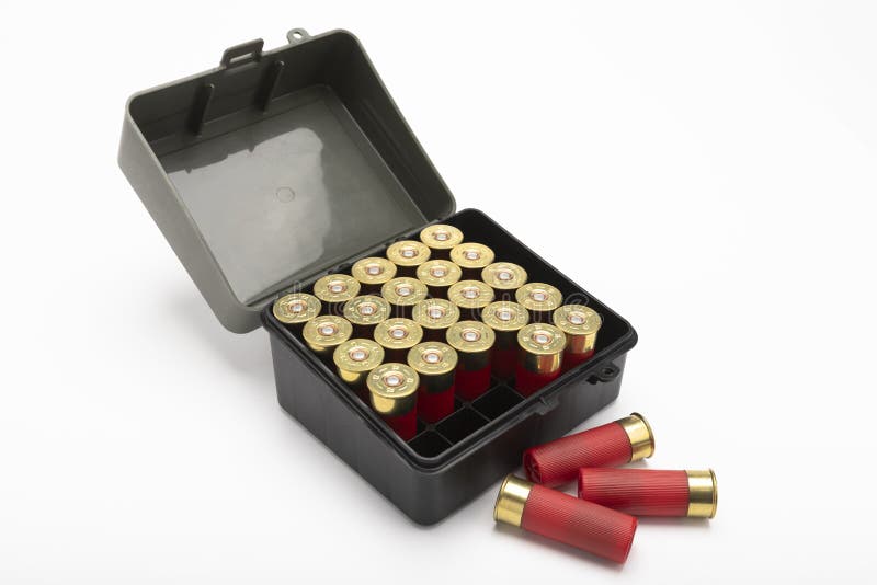 12-gauge Shotgun Bullet Shells and Plastic Box on White Background ...