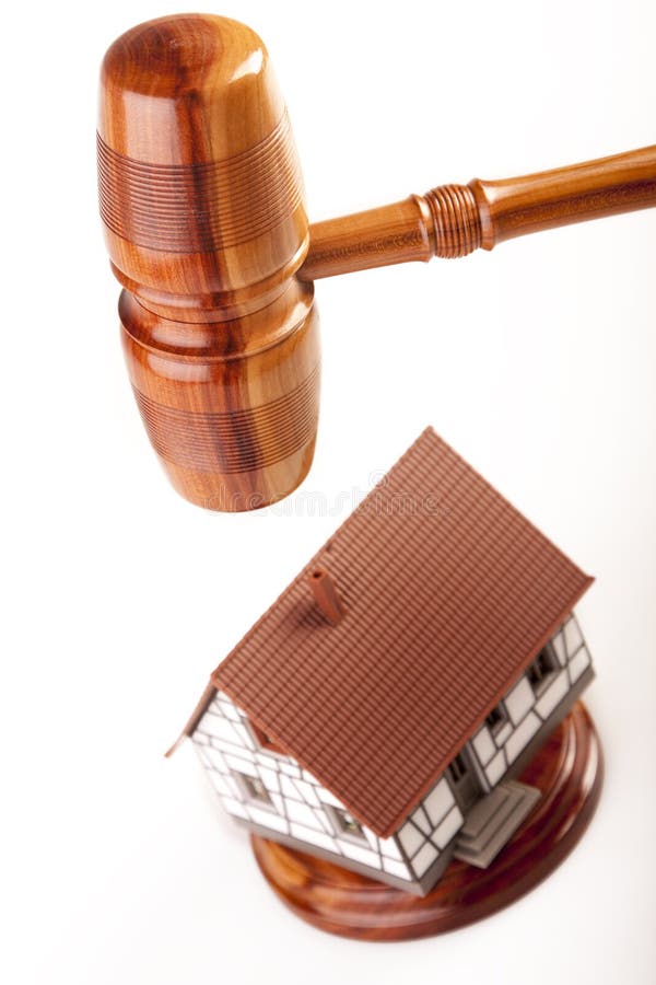 Judge Gavel and House Model on Wooden Table. Estate Law Concept Stock ...