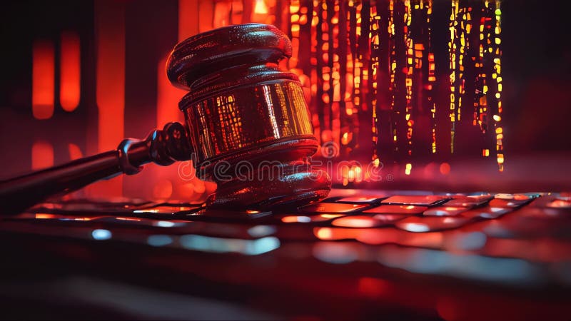 A Gavel with Binary Code Symbols, Placed on a Glowing Keyboard ...