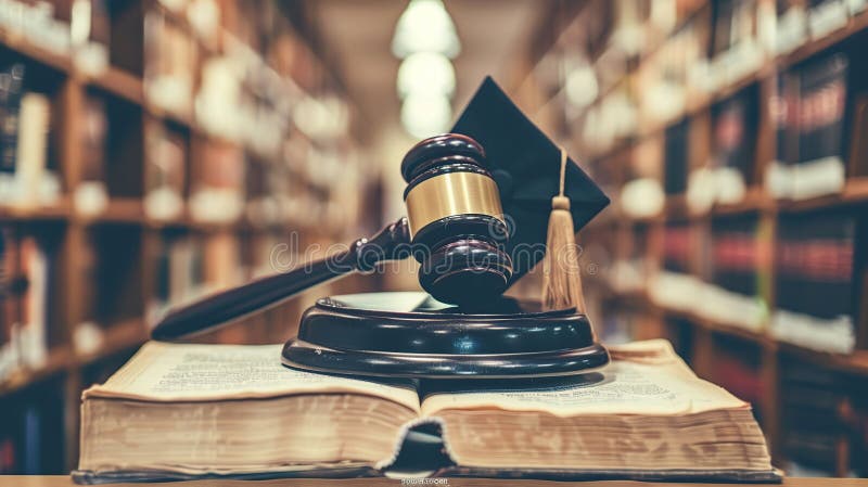 A Gavel and Graduation Cap Lie on an Open Book in Front of a Blurred ...