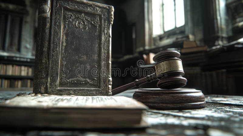 A Gavel Lies on a Worn Law Book Situated in a Library Stock Image ...