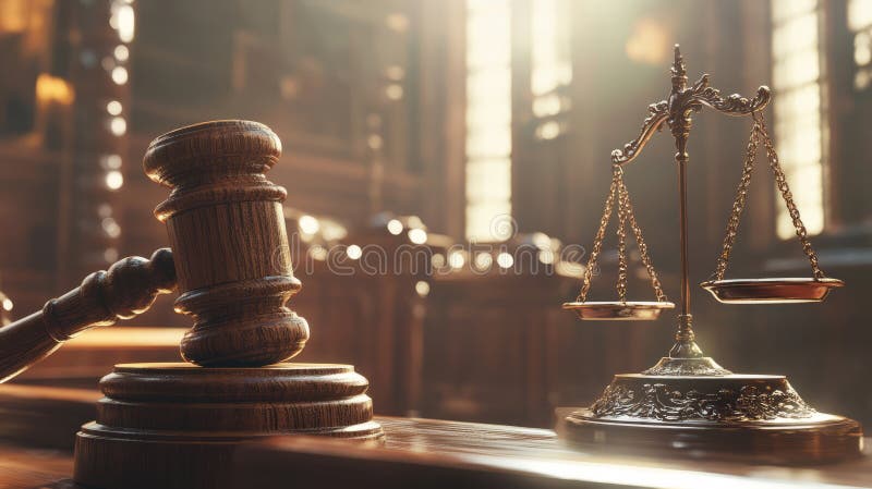 Gavel and Scales of Justice in Courtroom Setting Stock Illustration ...
