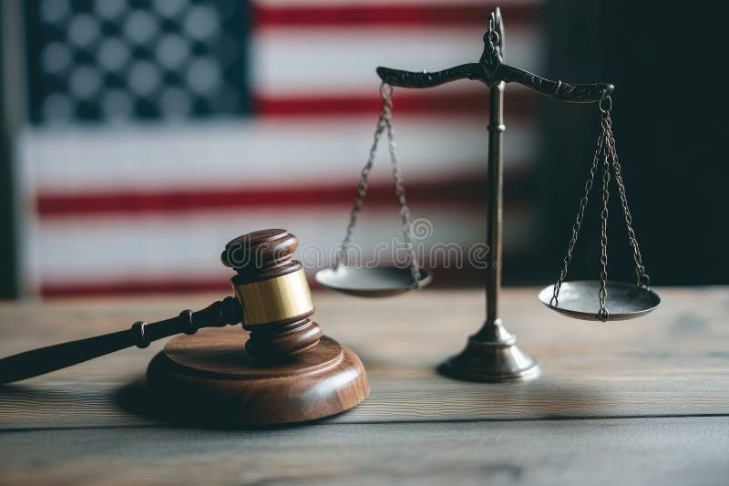 A Gavel and Scales of Justice are on a Wooden Table in Front of an ...