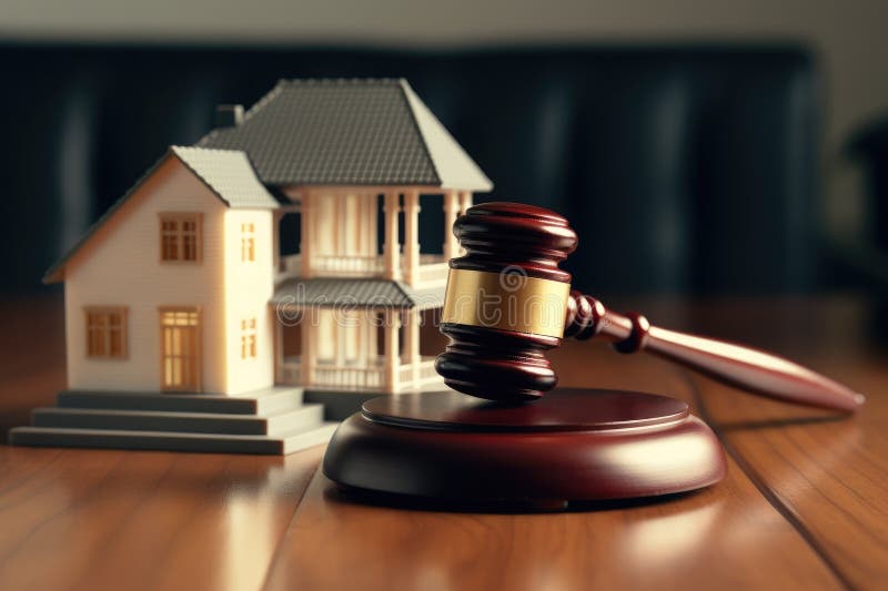 A Gavel on a Wooden Stand Next To a Model House Stock Illustration ...