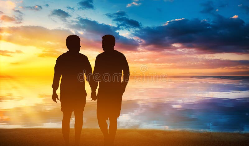 Gay Couple Holding Hands On The Beach At Sunset Stock Image Image Of