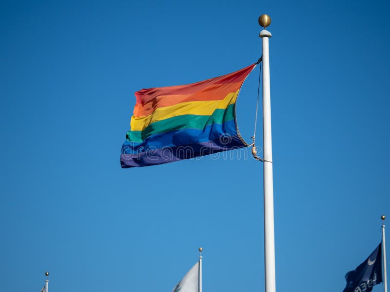 Gay Pride Flag Waving in Air with a Cloudless Sky Stock Photo - Image ...