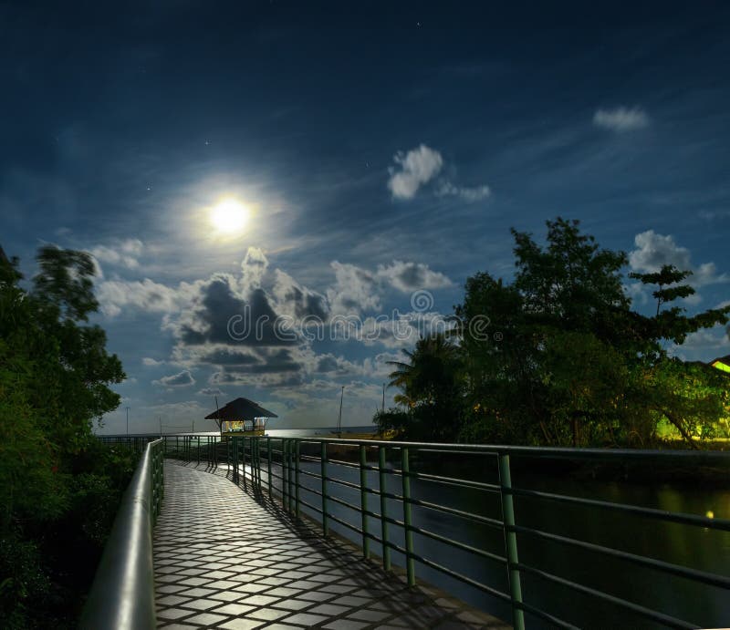 Gazebo and Moon in Water S Reflection. Night Landscape Stock Image ...