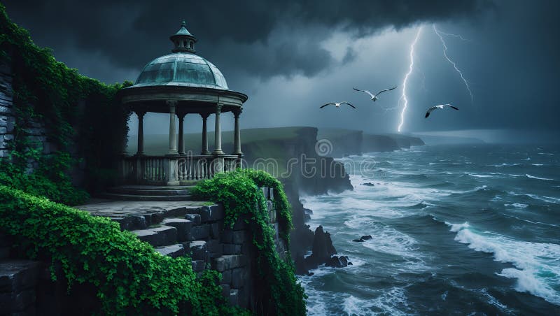 Romantic Gazebo on Dramatic Clifftop during Storm Stock Illustration ...