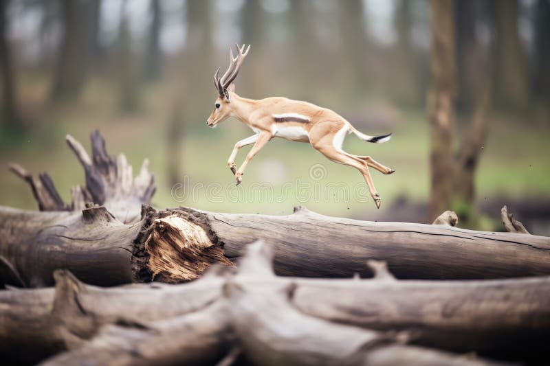 Gazelle Jumping Over Fallen Tree Trunk Stock Image - Image of antelope ...