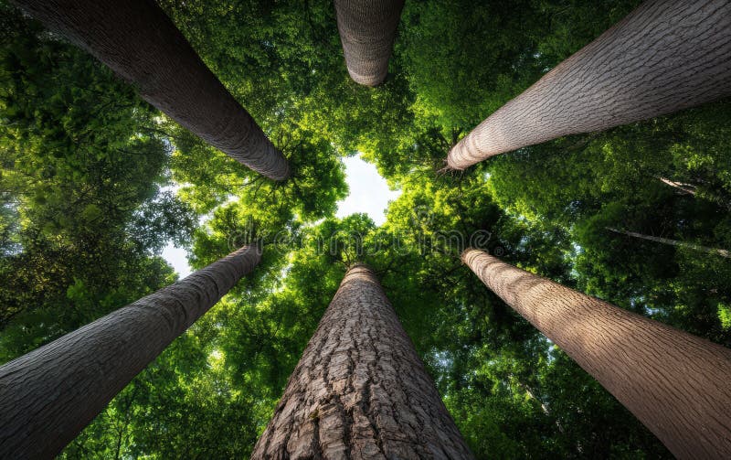 Gazing Upward at Towering Trees in a Serene Forest Setting. Stock Photo ...