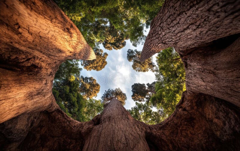Gazing Upward at Towering Trees in a Serene Forest Setting. Stock Image ...