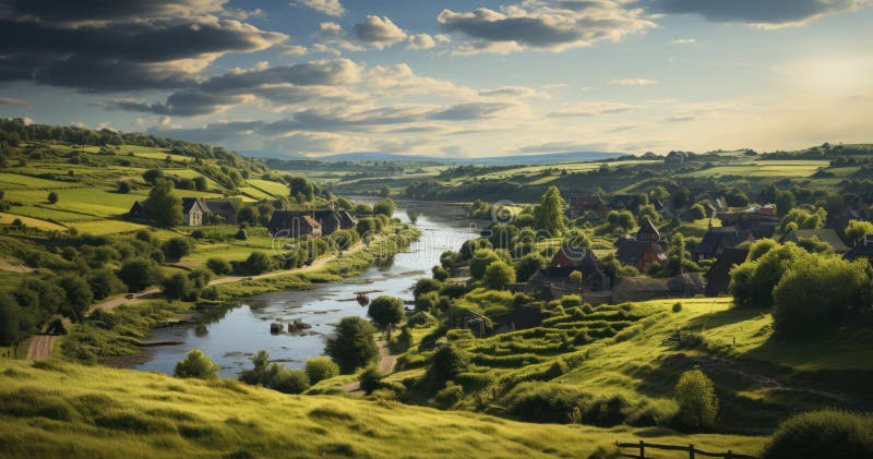 Gazing upon a Village Along the River S Course. Generative AI Stock ...