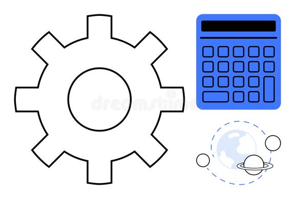Gear, Calculator, and Planetary Orbit Concept for Technology, Finance, and Space Dynamics Stock ...