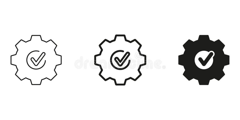 Gear with Checkmark Line and Solid Icon Set. Quality Assurance, System ...