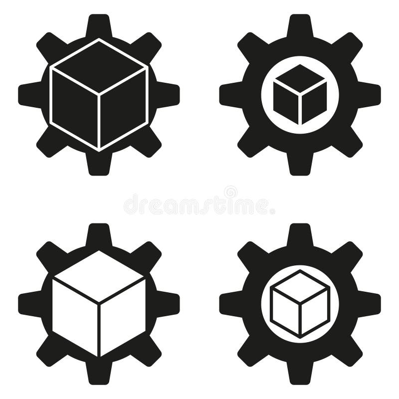 Gear and Cube Icons. Four Black and White. Geometric Vector Elements ...