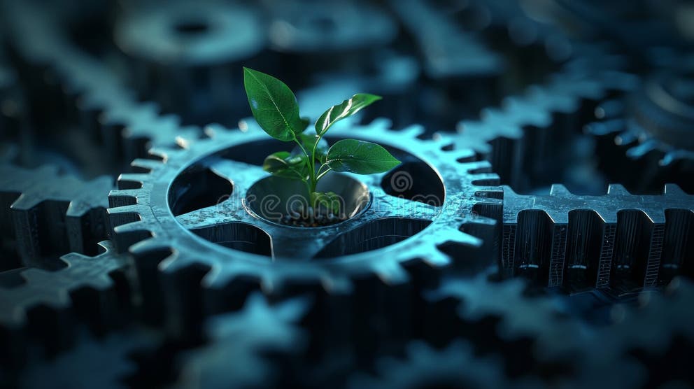 From a Gear, a Seedling Sprouts, Symbolizing Green Tech Innovation ...