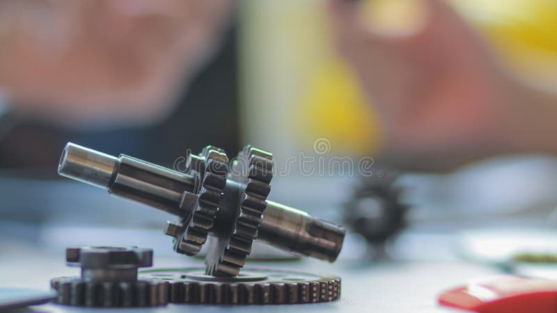 The Gear Set is Placed on the Workbench of a Team of Factory Mechanical ...