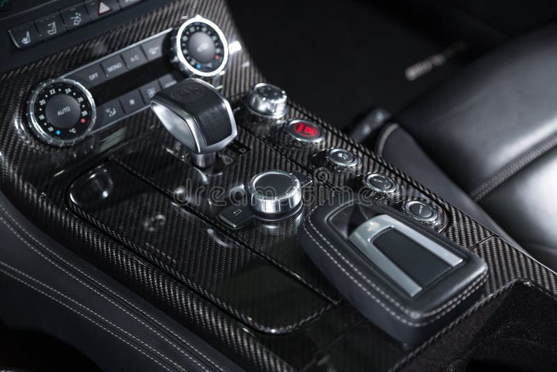 Gear Shift and Control Buttons of a Black Car Stock Photo - Image of ...