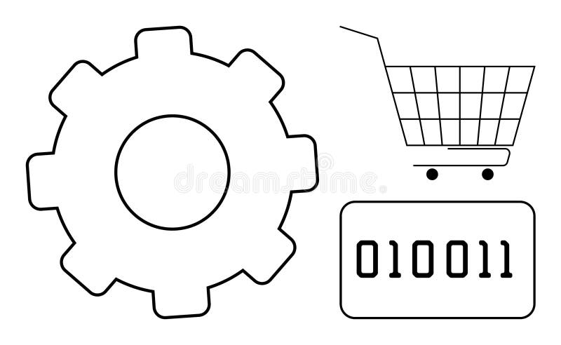 Gear Symbol Next To Shopping Cart and Binary Code Highlighting Digital ...