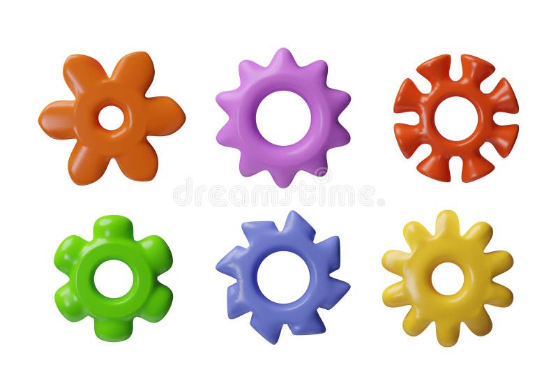 Gear Tools Different Colors 3D Vector Set, Mechanism Wheel Cogwheel ...