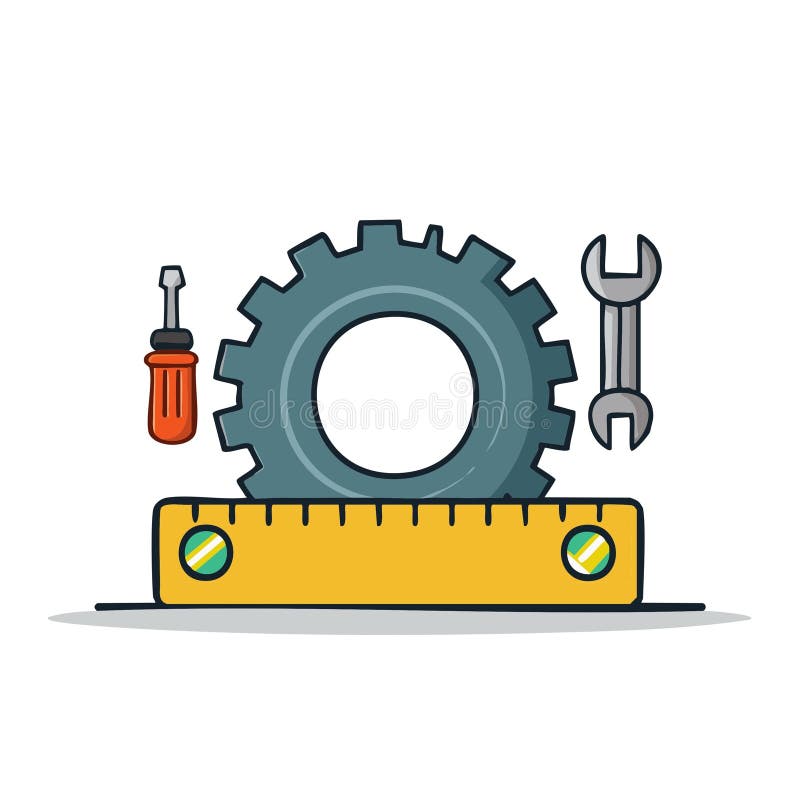 Gear with Tools on Level Illustration. Mechanical Design, Engineering, Construction Tools and ...