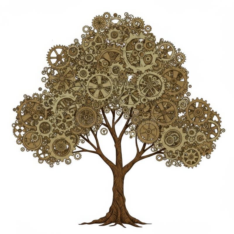 Gear Tree Illustration: Brown and Beige Mechanical Tree Design Stock ...