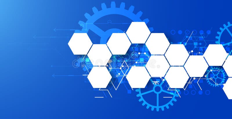 Gear Wheel Technology Pattern on Blue Gradient Background with Hexagons ...