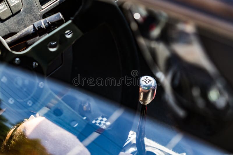 Gearbox and Steering Wheel in a Sports Car in the Passenger Compartment ...