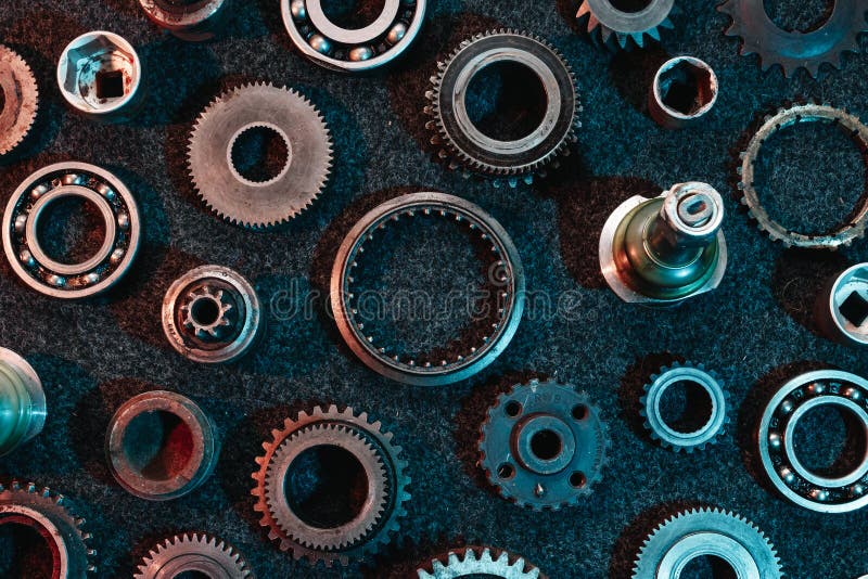 Gears and Bearings on a Dark Background. Top View, Flat Design Stock ...